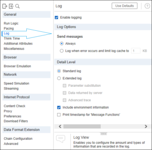LoadRunner - Runtime Settings - Log - Standard Log | Extended Log