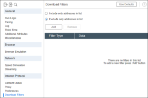 LoadRunner - Runtime Settings - Download Filters